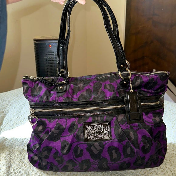 Coach | Bags | Coach Black Poppy Purple Satin Satchel Tote F2048 ...